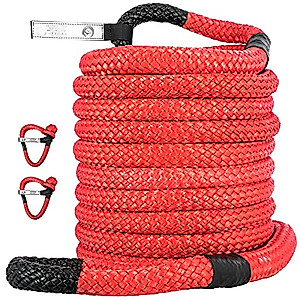 ATCWF 7/8" x 31.2' Tow Rope 29300 lbs Kinetic Recovery Rope,Nylon Double Braided Red Color,with 2 35000 lbs Spectra Fiber Soft Shackles and Storage Bag,for Off Road Vehicle,Pickup Truck,SUV,UTV,ATV