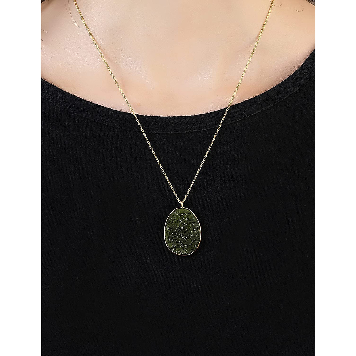 TASKD Green Moldavite Aerolite Crystal Stone Pendant Gemstone Silver Platted Moldavite Necklace Energy Meteorite Amethyst Ecko Necklace For Women Matoa Gift For Her From Him (Golden Chain)