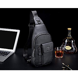 BULLCAPTAIN Genuine Leather Men Sling Bag Travel Crossbody Chest Bag Large Capacity Casual Hiking Daypack (Black)
