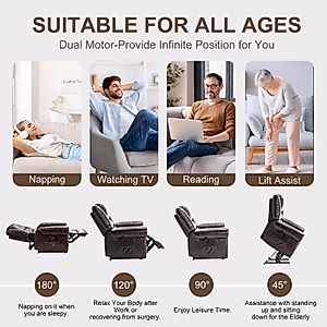 CDCASA Dual Motor Lay Flat Lift Chairs Recliners for Elderly with Massage and Heat, Breathable Leather Infinite Position Large Sleeping Electric Power Lift Chair Recliner for Seniors, Brown