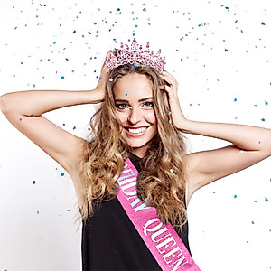 TIHEBAX Birthday Tiara and Sash for Women Girls Birthday Queen Series Graceful Birthday Crown and Sash for Party Gift Halloween Cosplay Premium Rhinestone Headbands for Princess Dress Up (pink)