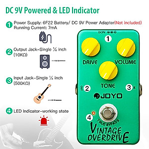 JOYO Vintage Overdrive Pedal Classic Tube Screamer Pedal for Electric Guitar Effect - True Bypass (JF-01)