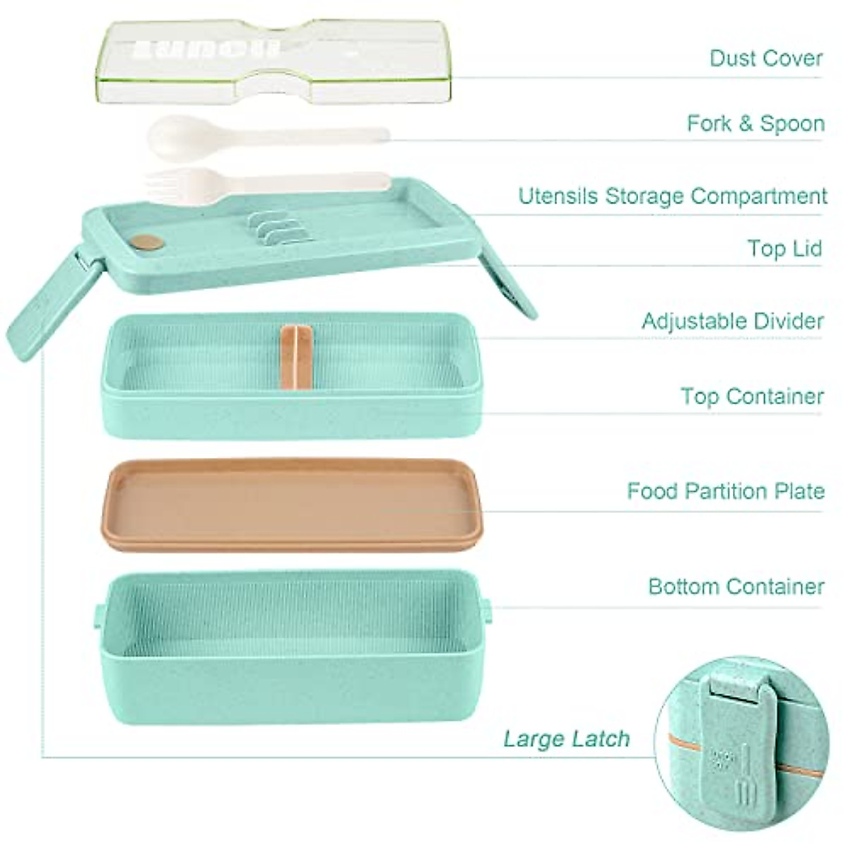 NatraProw Bento Box Adult Lunch Box with Bag, 2 layer Leakproof Lunch Box with Containers Included, BPA Free, Wheat Straw, BPA Free, Microwave Safe, Green