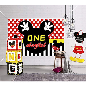 PYCALOW Mickey 1st Birthday Party Supplies - Mickey Theme Mouse Party Decorations Include Backdrop, Balloon Garland Arch, Welcome Sign Door Hanger, Banner, Crown, Balloon Box, Cake Toppers