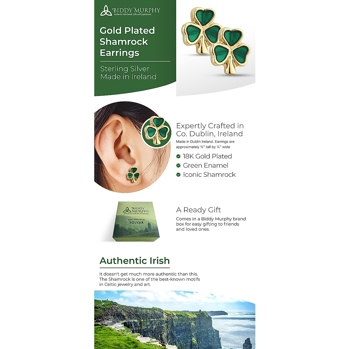 Biddy Murphy, Dainty Classic Irish Luck Shamrock Earrings for Women, Gold Plated with Emerald Green Enamel, Traditional Celtic Jewelry, Made in Ireland by Artisan Jewelers