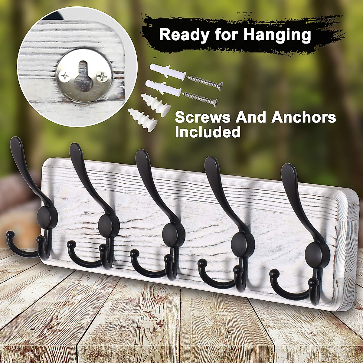 Dseap Coat Rack Wall Mounted - 5 Tri Hooks, Heavy Duty, Wooden Wall Coat Hanger Coat Hook for Clothes Hat Jacket Clothing, Natural & Black, 2 Packs
