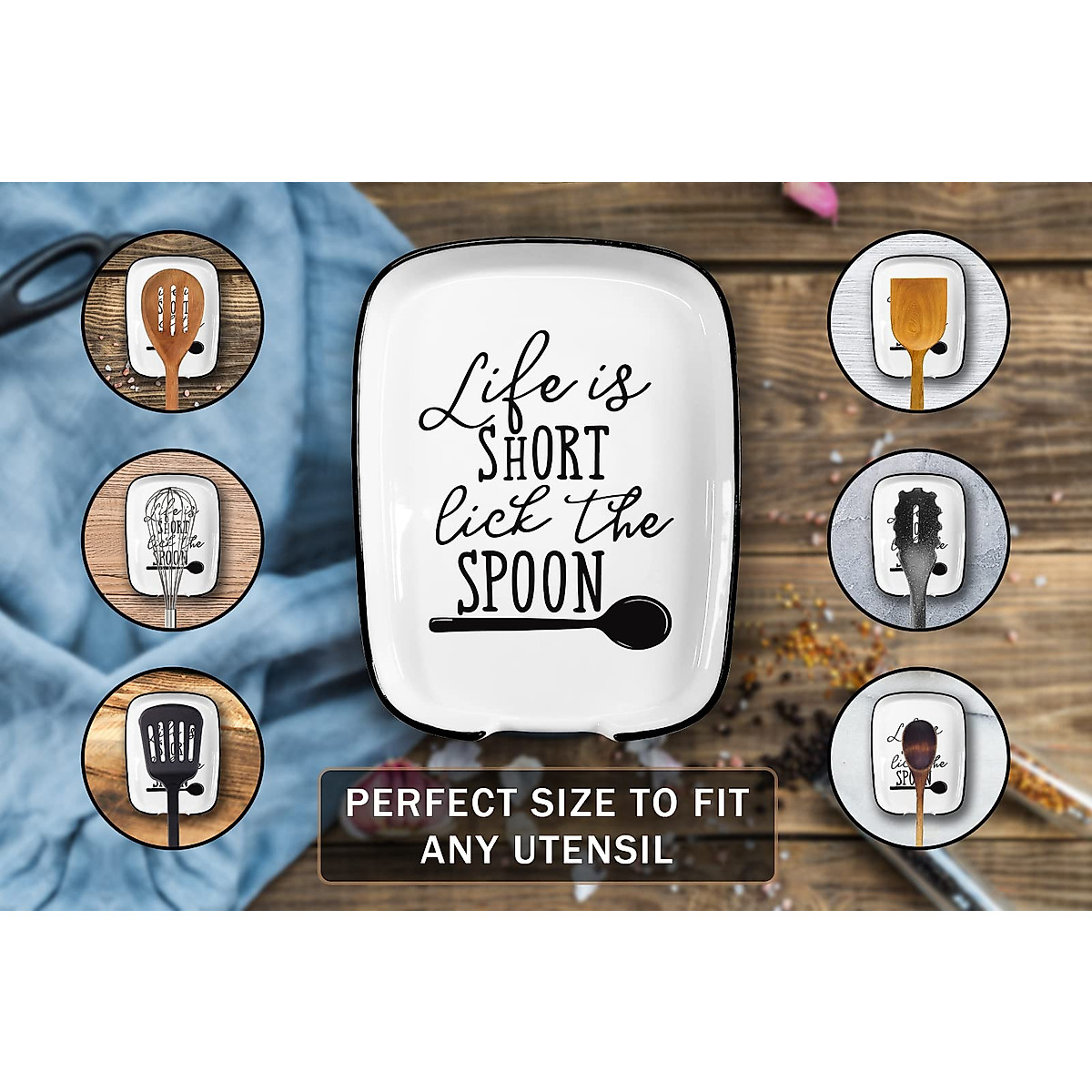 Hvukeke Ceramic Spoon Rest for Stove Top, Funny Life is Short Lick the Spoon White Spoon Holders for Kitchen Counter, Modern Farmhouse Kitchen Cute Decor