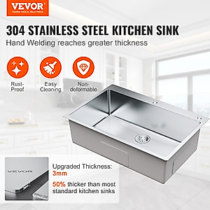 VEVOR Kitchen Sink, 304 Stainless Steel Drop-In Sinks, Top Mount Single Bowl Basin with Accessories, Household Dishwasher Sinks for Workstation, RV, Prep Kitchen, and Bar Sink, 33 inch