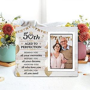 BeneCharm 50th Birthday Gifts for Women Men, Birthday Ideas Wood Photo Frame Fit for 4"x6"Picture, Happy 50th Birthday Decoration for Mom, Dad, Female, Friends, Husband and Wife