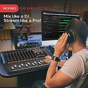 PYLE 12-Channel Bluetooth Studio Audio Mixer - DJ Sound Controller Interface with USB Drive for PC Recording Input, RCA, XLR Microphone Jack, 48V Power, For Professional and Beginners - PMXU128BT