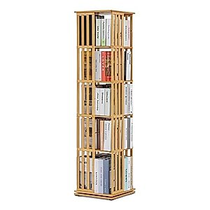 Magshion Rotating Bookcase 4-Tier Corner Shelf Bamboo Media Storage, 59.8" High Revolving Floor Standing Storage Organizer Living Room Bedroom 360 Degree Rotating Storage (Natural, Stripe Guardrail)