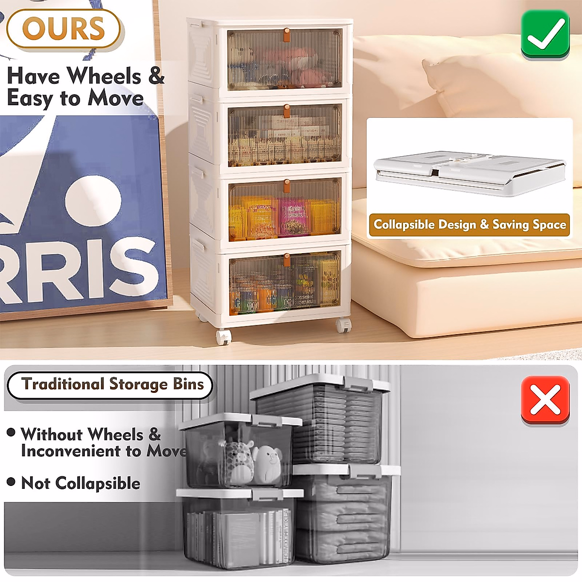 4 Tier Plastic Storage Bins with Lid 23QT, Stackable Storage Containers with Wheels, Folding Storage Boxes, Collapsible Storage Bins, Closet Organizers and Storage for Living Room,Office,Dorm