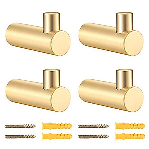 4 Pcs Brass Wall Hooks, Gold Coat Hooks for Wall, Towel Cloth Robe Hangers Hooks Wall Mounted, Brass L-Shaped Heavy Duty Bathroom Kitchen Living Rooms Hat Key Hooks
