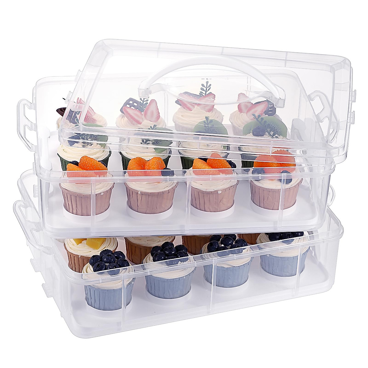 BTSKY 2 Tier Clear Plastic Cupcake Holder with Lid & Handles, Portable Cupcake Carrier for 24 Cupcakes, Stackable Cupcake Storage Container with Convenient Slot Tray Large Plastic Storage Box, White