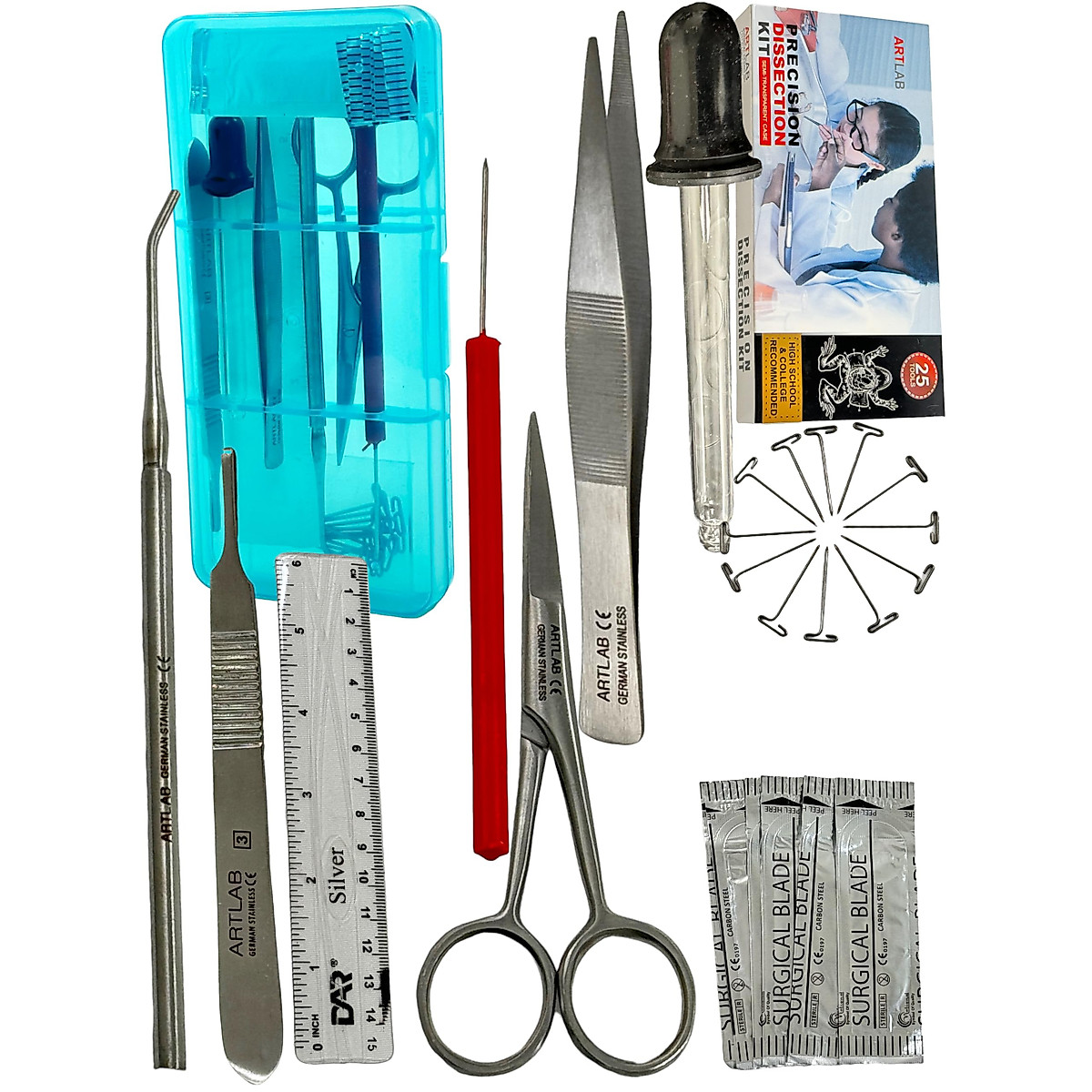 ArTLaB Premium -Precision Dissecting Dissection Kit 25 Piece Biology Dissecting Kit -Stainless Steel Instruments Scalpel handle Blades & T-Pins Biology Students & Faculty Autoclavable Transparent Case