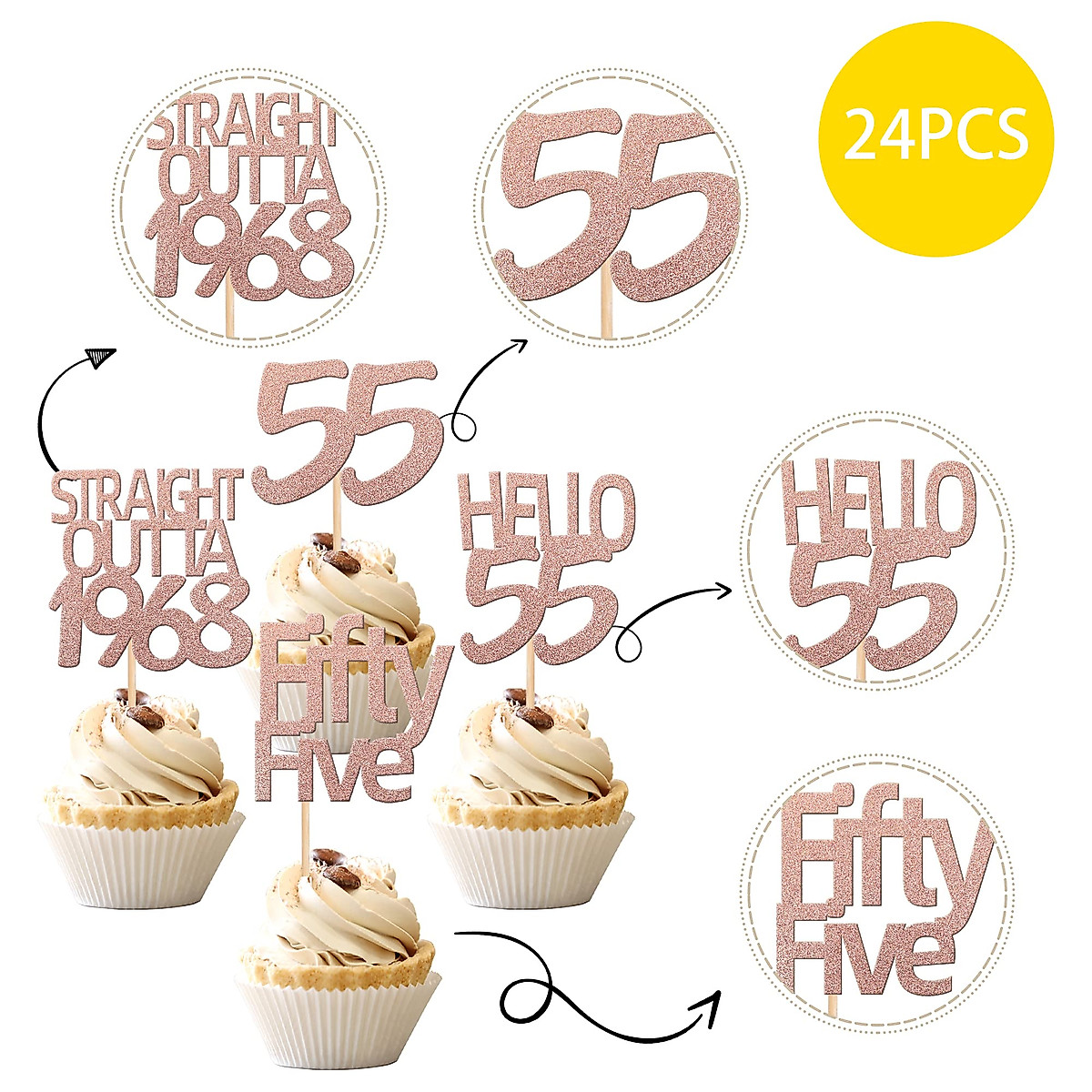36PCS 60th Birthday Cupcake Toppers Glitter Sixty Hello 60 Straight Outta 1963 Cupcake Picks for Cheers to 60 Birthday Wedding Anniversary Party Cake Decoration Supplies Rose Gold