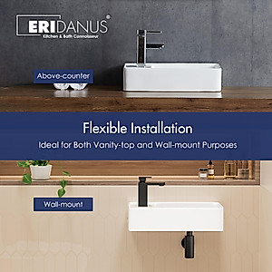 Bathroom Sink 18" x 10" Rectangle, Eridanus Wall Mount Vessel Sink Floating, Modern White Ceramic Porcelain Vitreous Countertop Wash Basin Wall Hang Bowl Space Saving Small Sinks