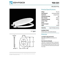 Centoco Toilet Seat, Round, Wood, Heavy Duty Toilet Seat, Toilet Lid, For Standard Toilets, Molded Wood with Centocore Technology, Made in the USA, 700-001, White