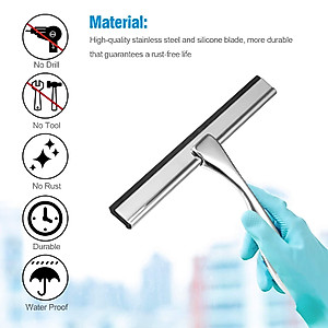 10” Shower Squeegee — Squeegee for Shower Glass Door，Premium Shower Squeegee for Glass Doors, Bathroom, Window and Car Glass, Stainless Steel Shower Squeegee for Shower Doors with Suction Cup Hook