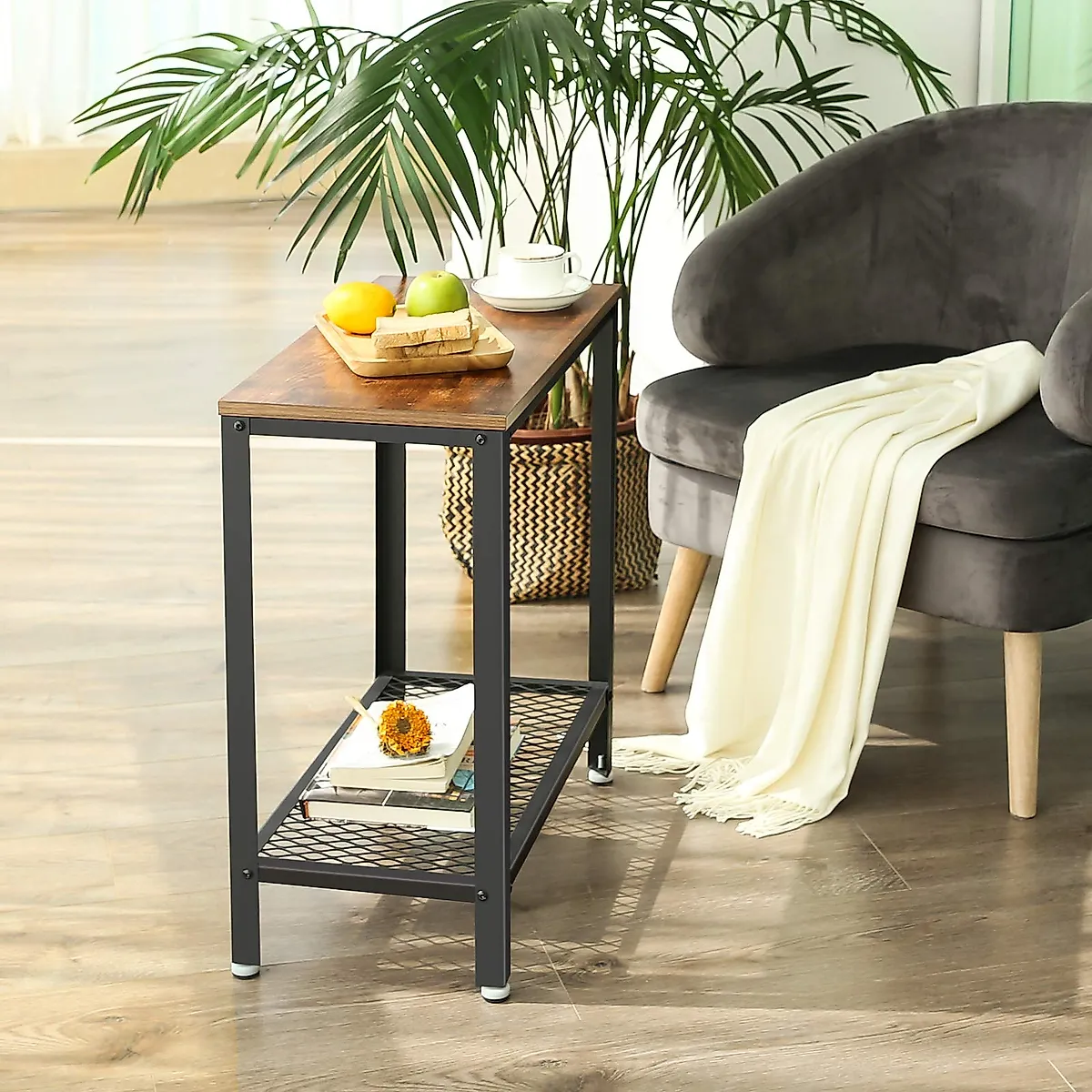VASAGLE 2-Tier Narrow Side End Table for Couch, Rustic Sofa Printer Table with Mesh Shelf for Bedroom, Fish Tank Stand for Home, Office, Rustic Brown and Black