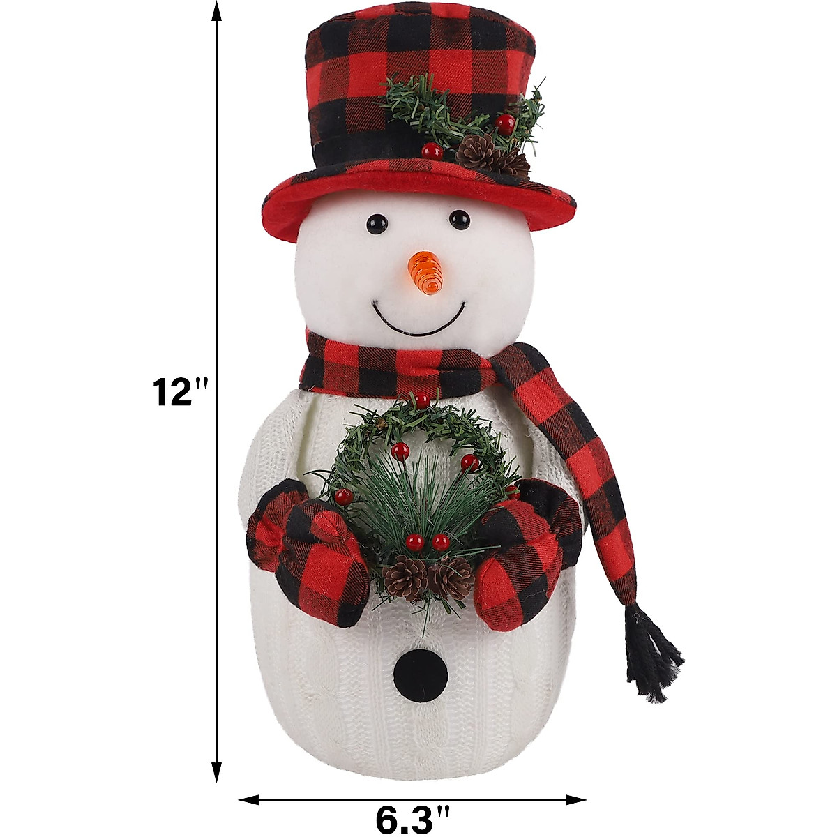 Sancodee Christmas Lighted Snowman, 12" Snowman with Wreath Christmas Table Decorations, Red Black Plaid Snowman Xmas Decor for Home Kitchen Holiday Party