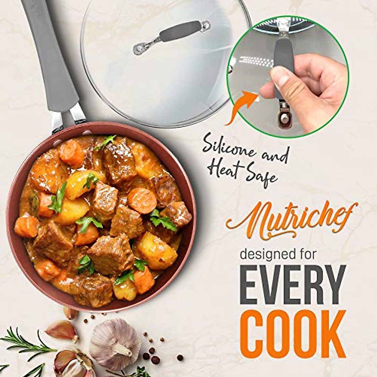 NutriChef Nonstick Cookware Excilon |Home Kitchen Ware Pots & Pan Set with Saucepan, Frying Pans, Cooking Pots, Lids, Utensil PTFE/PFOA/PFOS Free, 11 Pcs, Gray