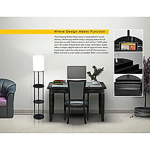 Adesso 3116-01 USB & AC Charging Station Floor Night Lamp with 2 Storage Shelves and Device Holders Black, 63"
