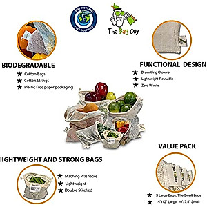 TheBagGuy - Organic Cotton Mesh Bags | Reusable Vegetable Produce Bags | Multipurpose Biodegradable Zero Waste Bag | Washable | Food Safe | Drawstring Closure | Quality Double Stitched (9 Pack)