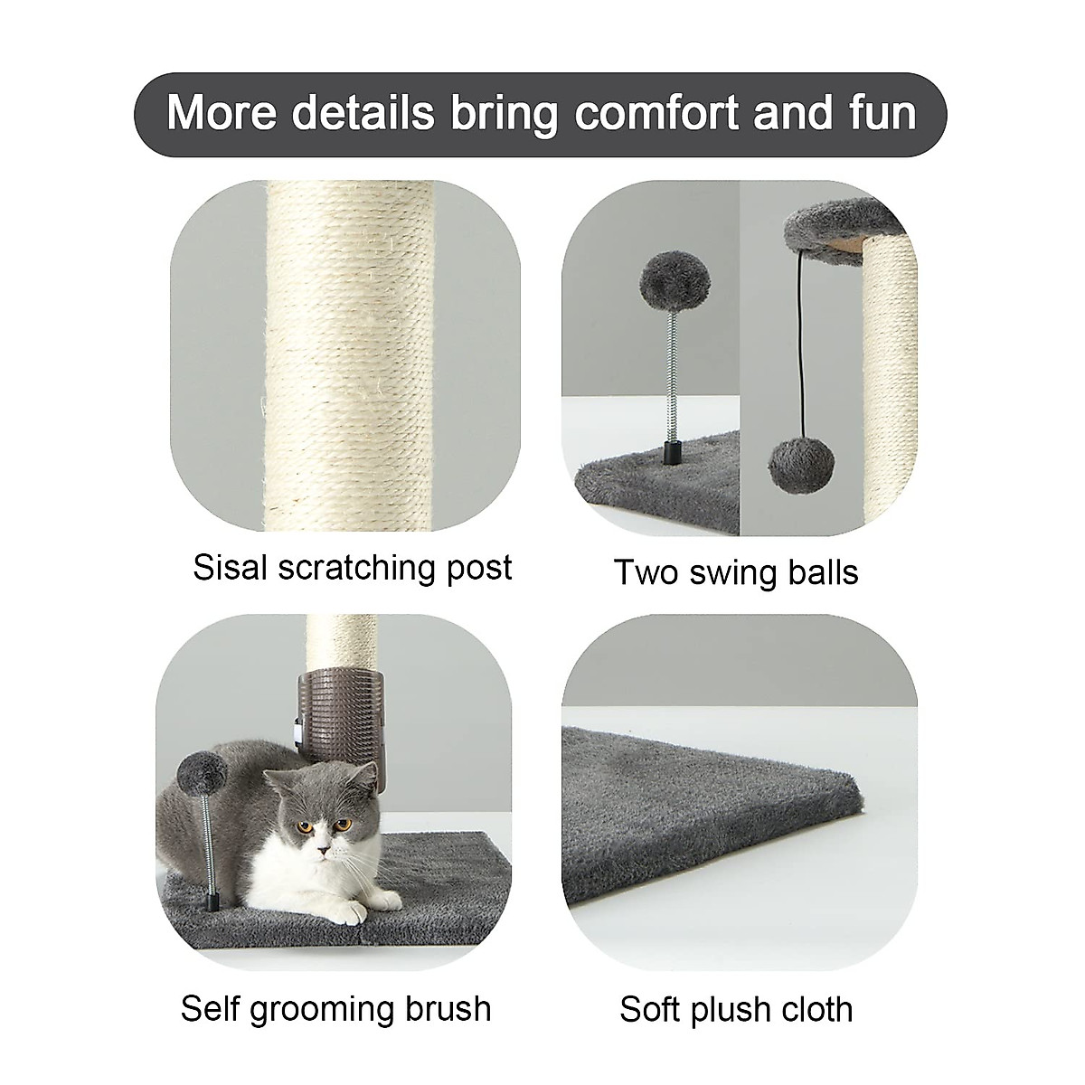 PEEKAB 32" Tall Cat Scratching Post Sisal Scratch Posts with Hanging Ball and Self-Massage Brush Vertical Scratcher for Indoor Cats and Kittens(Gray 32inches)