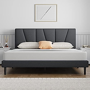 Molblly Twin Bed Frame Upholstered Platform with Headboard and Strong Wooden Slats, Strong Weight Capacity, Non-Slip and Noise-Free,No Box Spring Needed, Easy Assembly,Dark Grey Twin Bed