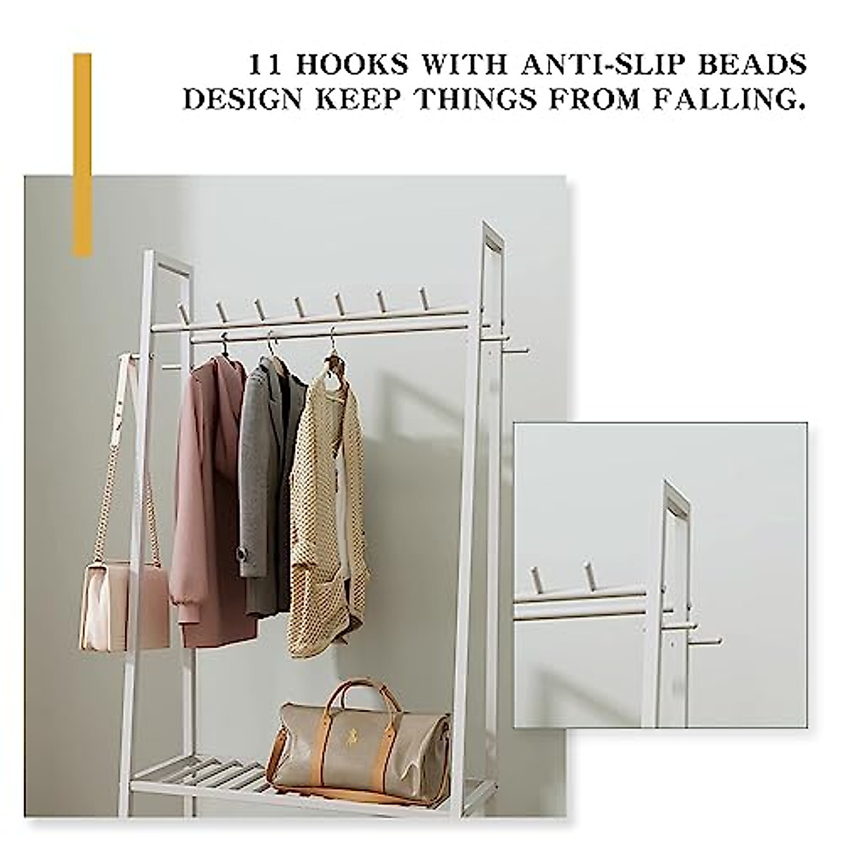 FIJOS Clothes Rack, Metal Garment Rack, Heavy Duty Clothes Stand Rack With Lower Storage Shelf and 11 Hooks, Double Hanging Rod Clothing Rack for Bedroom