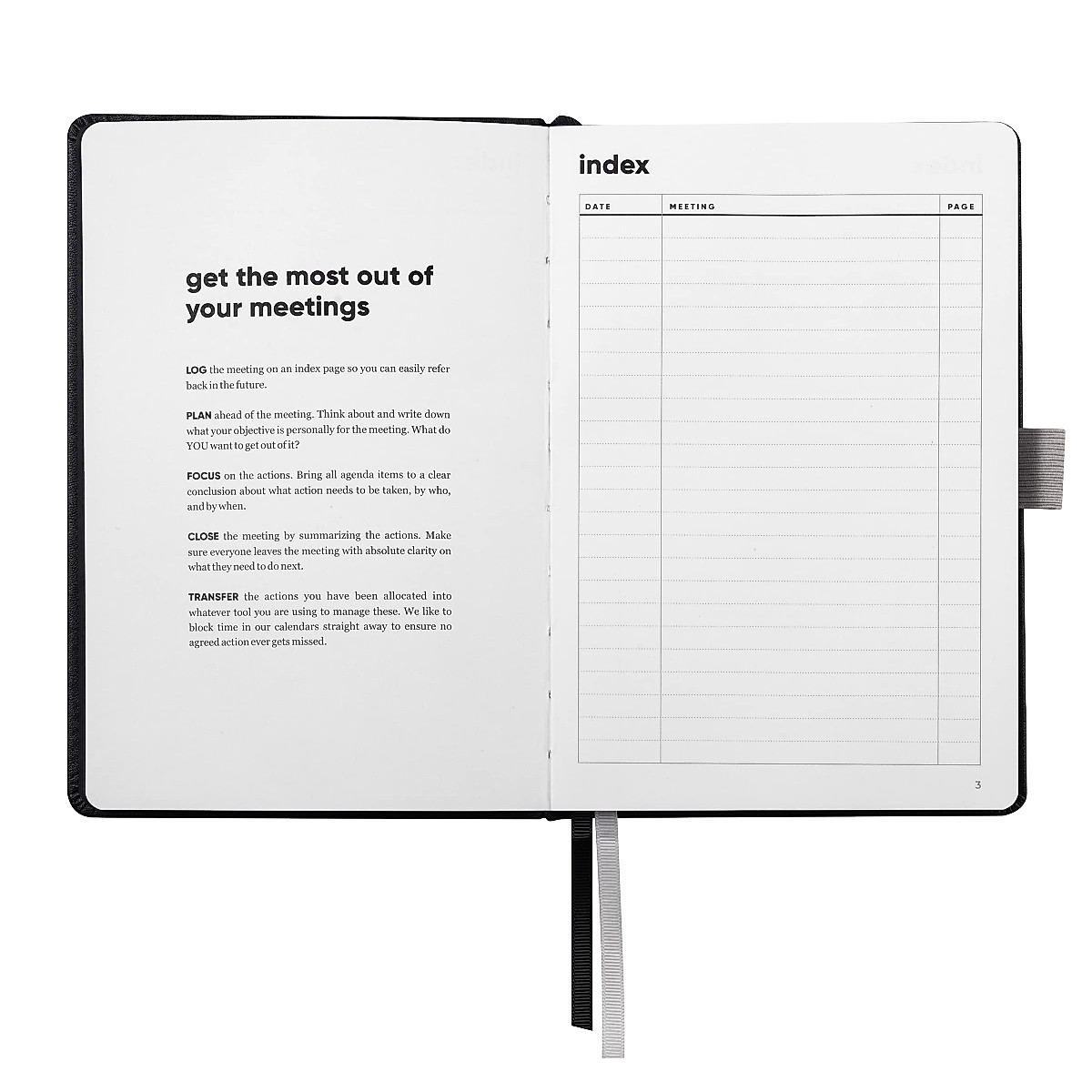 HUSTLE Co. Meeting Notebook for Work with Action Items Clever Hardcover Journal for More Productive Meetings - Index, 160 Pages, 100gsm Paper, Lays Flat, Pen Holder - Business, Work, Professional
