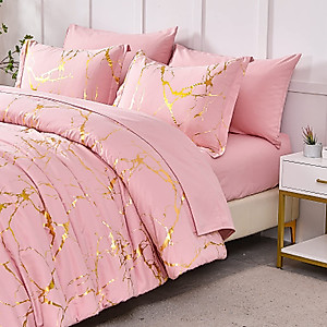 Yogeneg Gold Metallic Marble King Size Comforter Set,7 Piece Bed in a Bag,Foil Print Glitter Pink Comforter and Sheet Set,All Season Soft Microfiber Complete Bedding Sets(Pink,King)