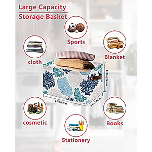 Blue Teal Coral Storage Basket Waterproof Cube Storage Bin Organizer with Handles, Summer Beach Coastal Modern Geometric Collapsible Storage Cubes Bins for Clothes Books Toys 15"x11"x9.5" 2 Pcs