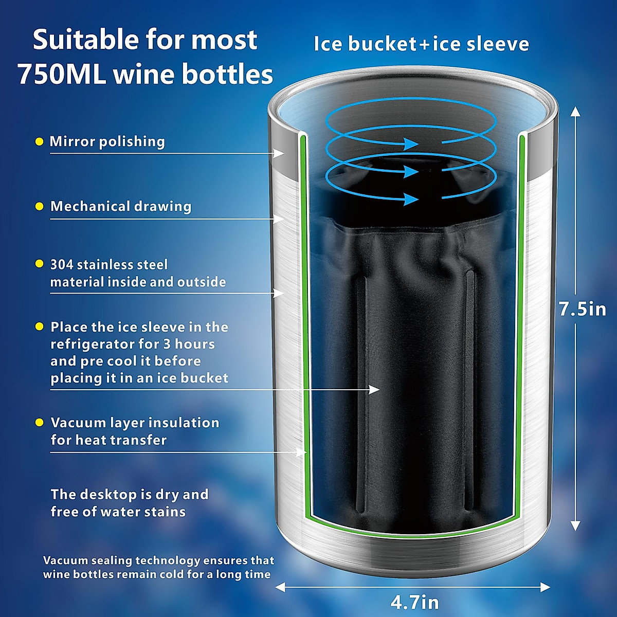 AHAILUOO Wine Chiller Bucket Champagne Bucket for 750ml Double Layer Vacuum Stainless Steel Cooling Bucket Insulated Wine Cooler Bucket to Keep Wine Cold up to 6 Hours