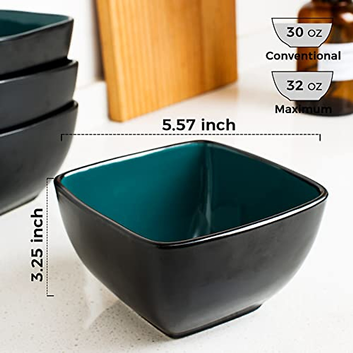 AmorArc 32oz Square Cereal Soup Bowls, Stoneware Bowls Set of 4 for Kitchen, Large Bowls for Cereal,Soup,Salad,Meal, Microwave & Dishwasher Safe-Green Inside