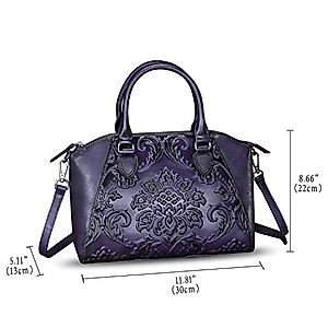 Genuine Leather Satchel for Women Embossed Leather Handbag Top Handle Bags Handmade Purse Crossbody Tote Handbags (Purple)