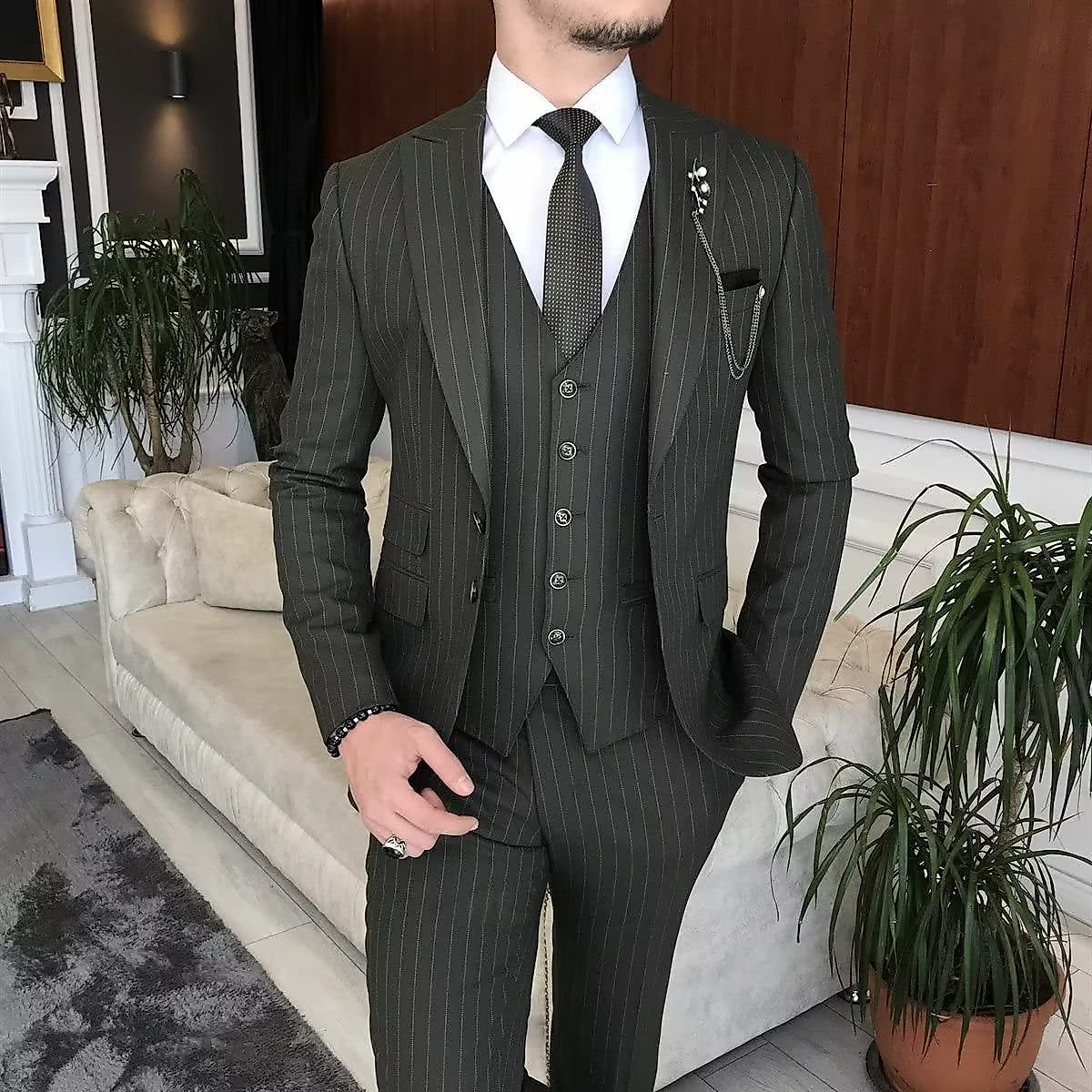 Wangyue Pinstripe Suit for Men 3 Piece Suits Black Formal Wedding Prom Business Suits Birthday Gift for Son Size XXS