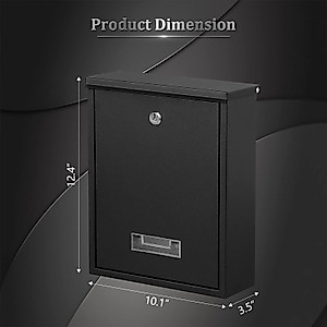 Dalmbox Locking Mailbox Wall Mount, Wall Mounted Mailbox with Key Lock, Large Drop Box with Galvanized Steel Cover, Rust-Proof Metal Post Box, Black, 10.2” x 3.7” x 12.6”