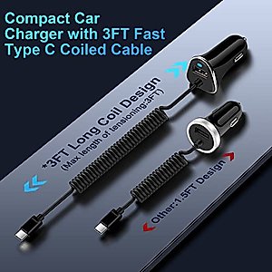 Android Type C Fast Car Charger for Samsung Galaxy S23 A14 A54 Z Fold 4 Z Flip 4 S22 Ultra A53 A13 A03s A32 A52 S21 FE S20,3.4A Fast Car Charging Cigarette Lighter Adapter with 3ft USB C Coiled Cable