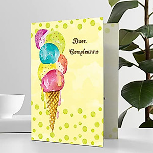 Designer Greetings Italian Language Happy Birthday Cards, Fun Colorful Ice Cream Design (Pack of 6 Cards with Green Envelopes / 6 biglietti di auguri e buste)
