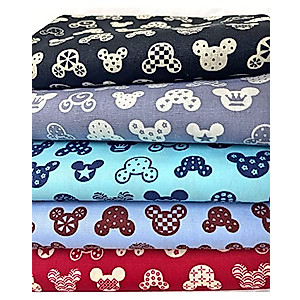 Disney Mickey Mouse Minnie Heads Character Cartoon Pattern 100% Cotton in Different Color Quilting Fabric for Patchwork Needlework DIY Sewing Crafting Precut Face Mask 18x22 Inches (Set of 5 Pieces)