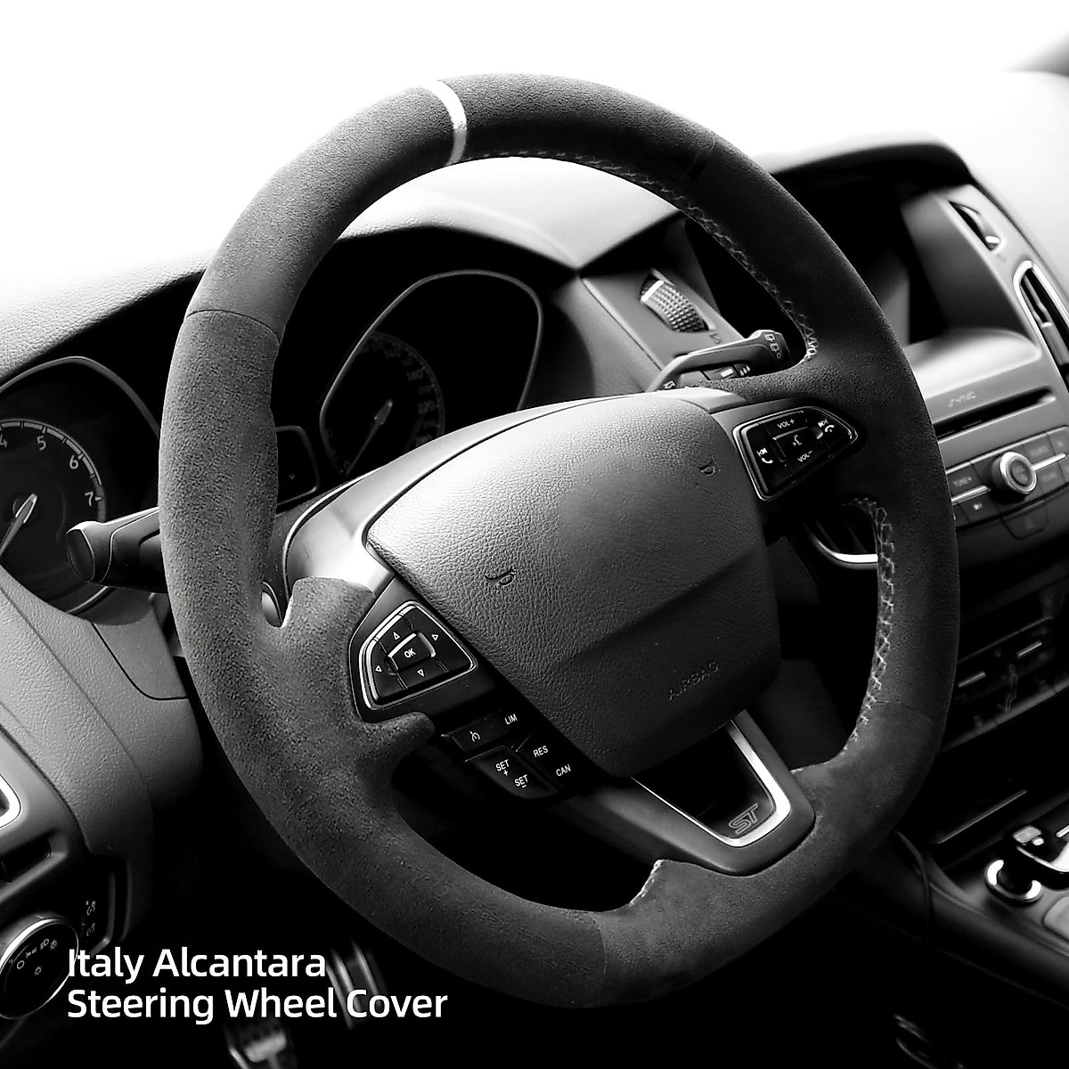 Alfanxi Hand Stitch Alcantara Steering Wheel Cover Compatible with Ford Focus RS ST ST-Line Kuga ST-Line Ecosport ST-Line (White Stripe)