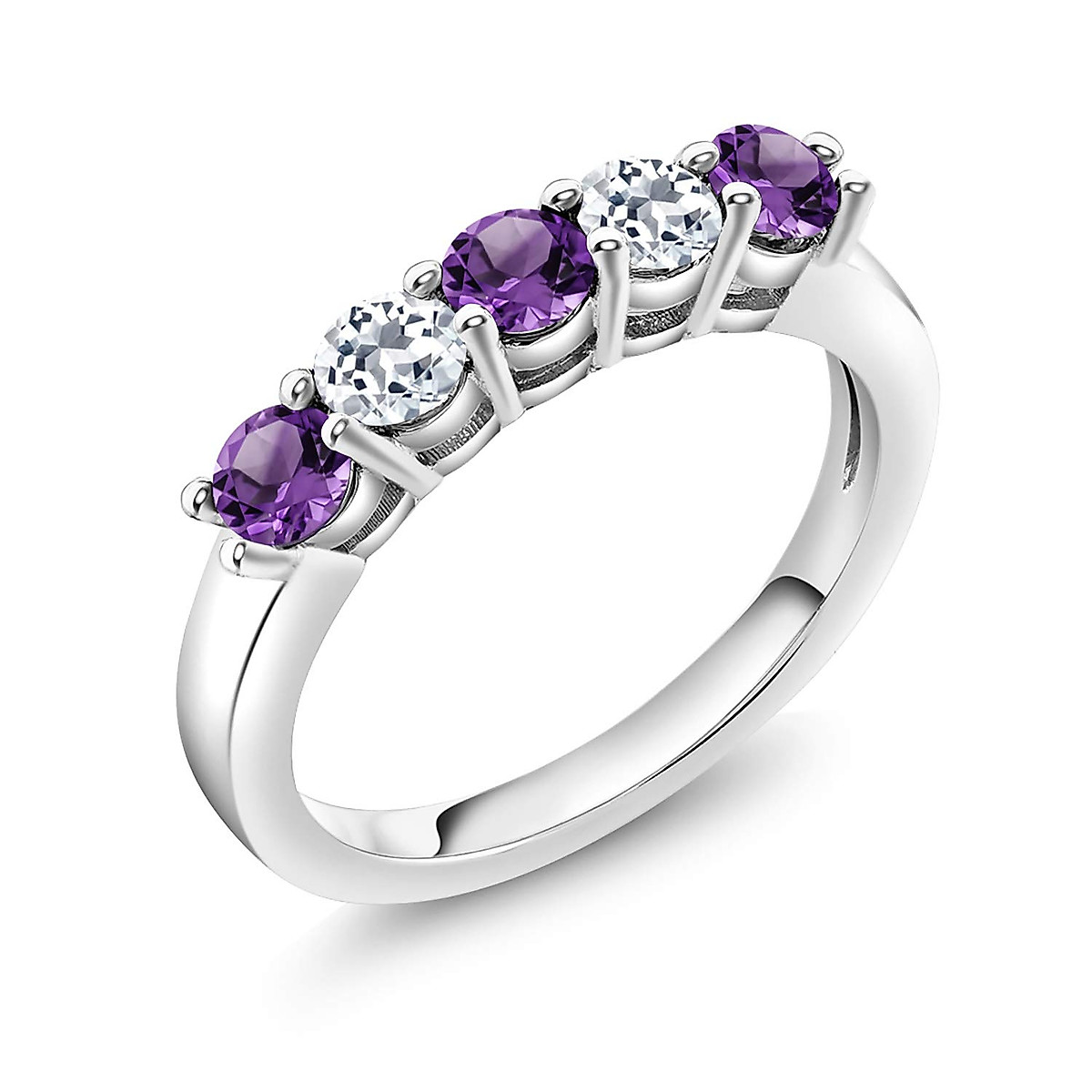 Gem Stone King 925 Sterling Silver Purple Amethyst and White Topaz 5-Stone Wedding Anniversary Band Ring For Women (0.91 Cttw, Gemstone February Birthstone, Available In Size 5, 6, 7, 8, 9)