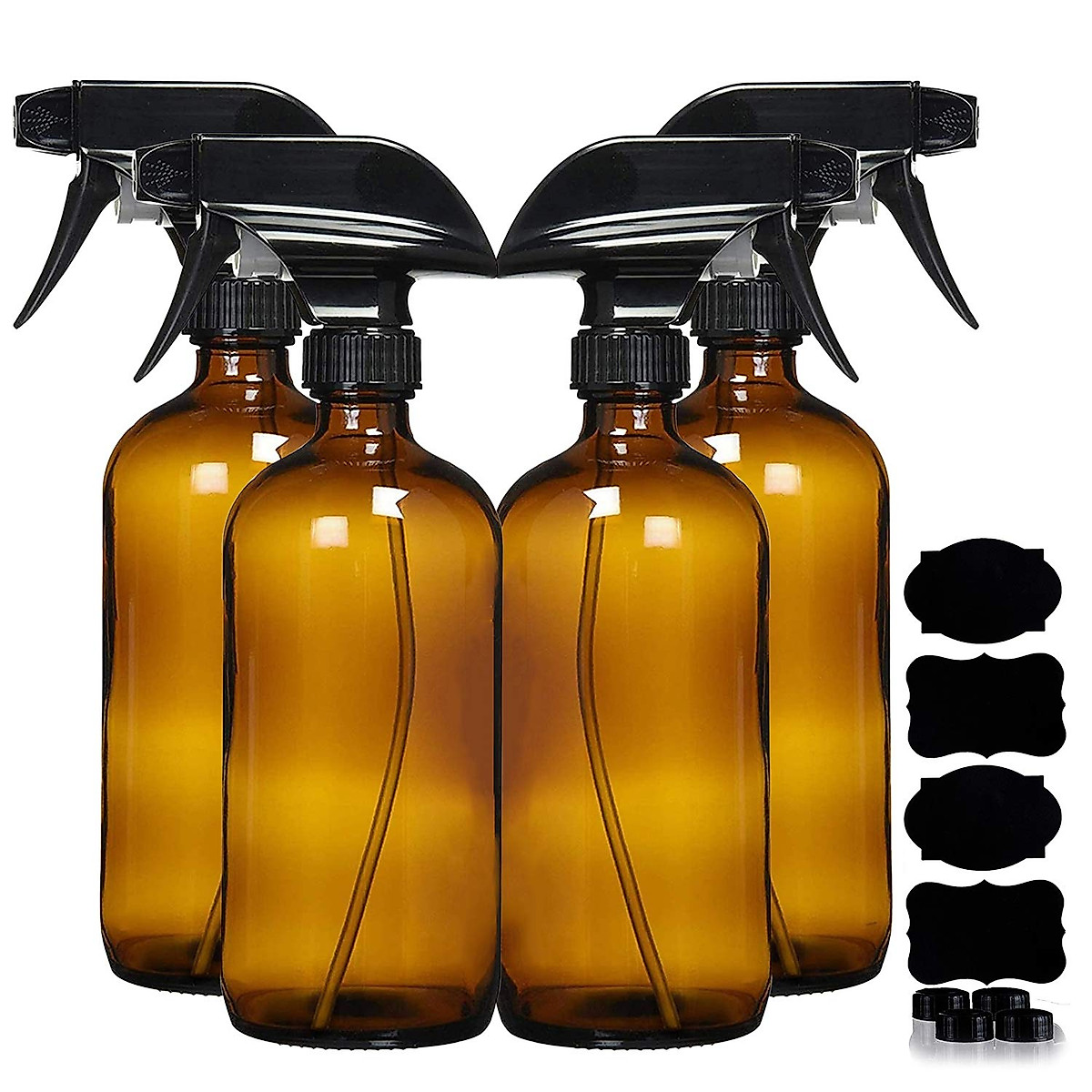 Amber Glass Spray Bottles For Cleaning Solutions (4 Pack) - 16 Ounce, Refillable Sprayer for Essential Oil, Water, Kitchen, Hair. Durable Black Trigger Sprayer w/Mist and Stream Settings