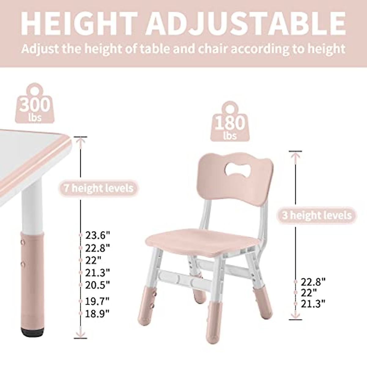 DOREROOM Toddler Table and Chairs Set for 4, 49''L x 25''W Kids Study Table and Chair Set, Height-Adjustable, Graffiti Desktop, Children Activity Table for Daycare, Classroom, Home, Pink