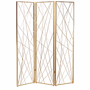 Deco 79 Metal Abstract Partition Room Divider Screen Foldable Partition Wire Rod 3 Panel Privacy Screen with Small Ball Accents, Room Partition 59" x 2" x 79", Gold