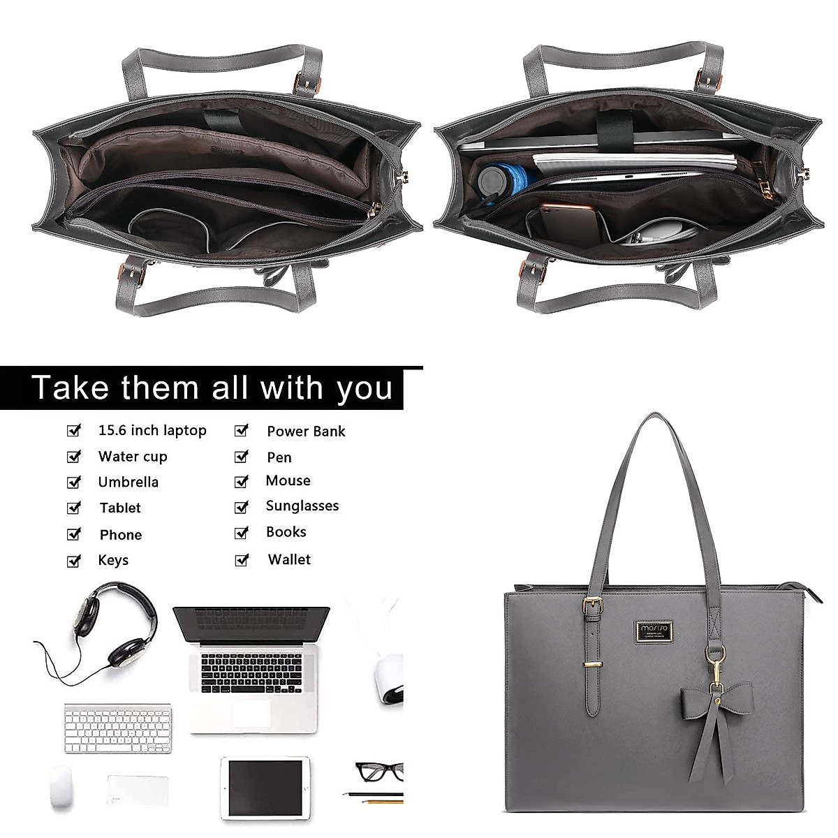 MOSISO Laptop Bag for Women Compatible with MacBook Air 15 inch M2 A2941/Pro 16 inch M3 M2 M1, 15-15.6 inch Notebook, PU Leather Travel Work Tote bag with Detachable Bowknot & Small Purse, Gray