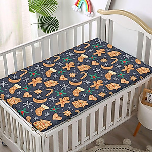 Christmas Fitted Crib Sheet,Gingerbread Man Snowflake Print Pattern,Portable Mini Crib Sheets Soft and Breathable Bed Sheets - Great for Boy or Girl Room or Nursery,24“ x38“,Black Brown