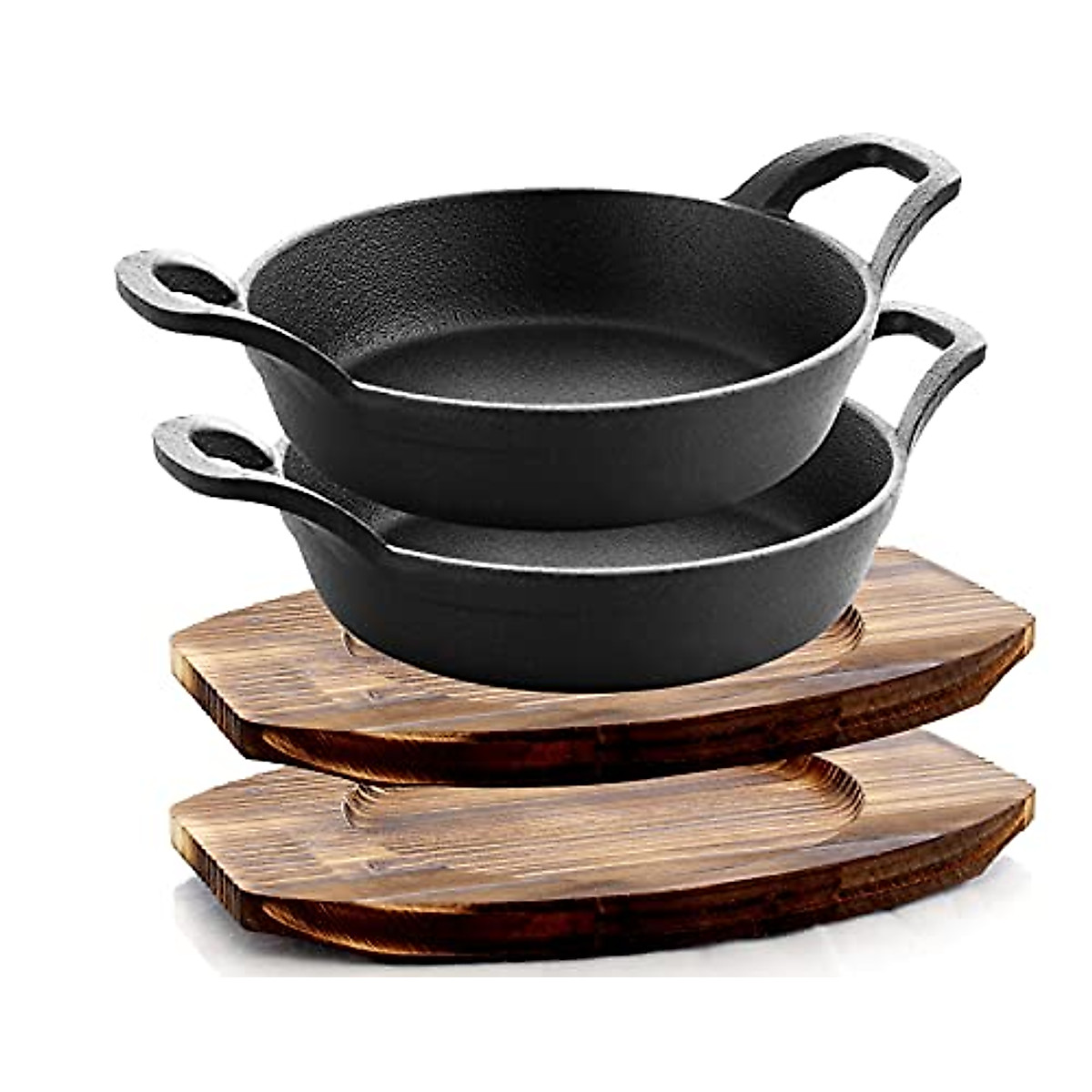 Bruntmor Mini Cast Iron Sizzler Plates Skillet Set Of 4. Round Fajita Plate With Wooden Base/Pan Tray Serving Sizzling Dish And Fajitas, Hot Steak Skillet Dish Without Sinking (2 Sets)